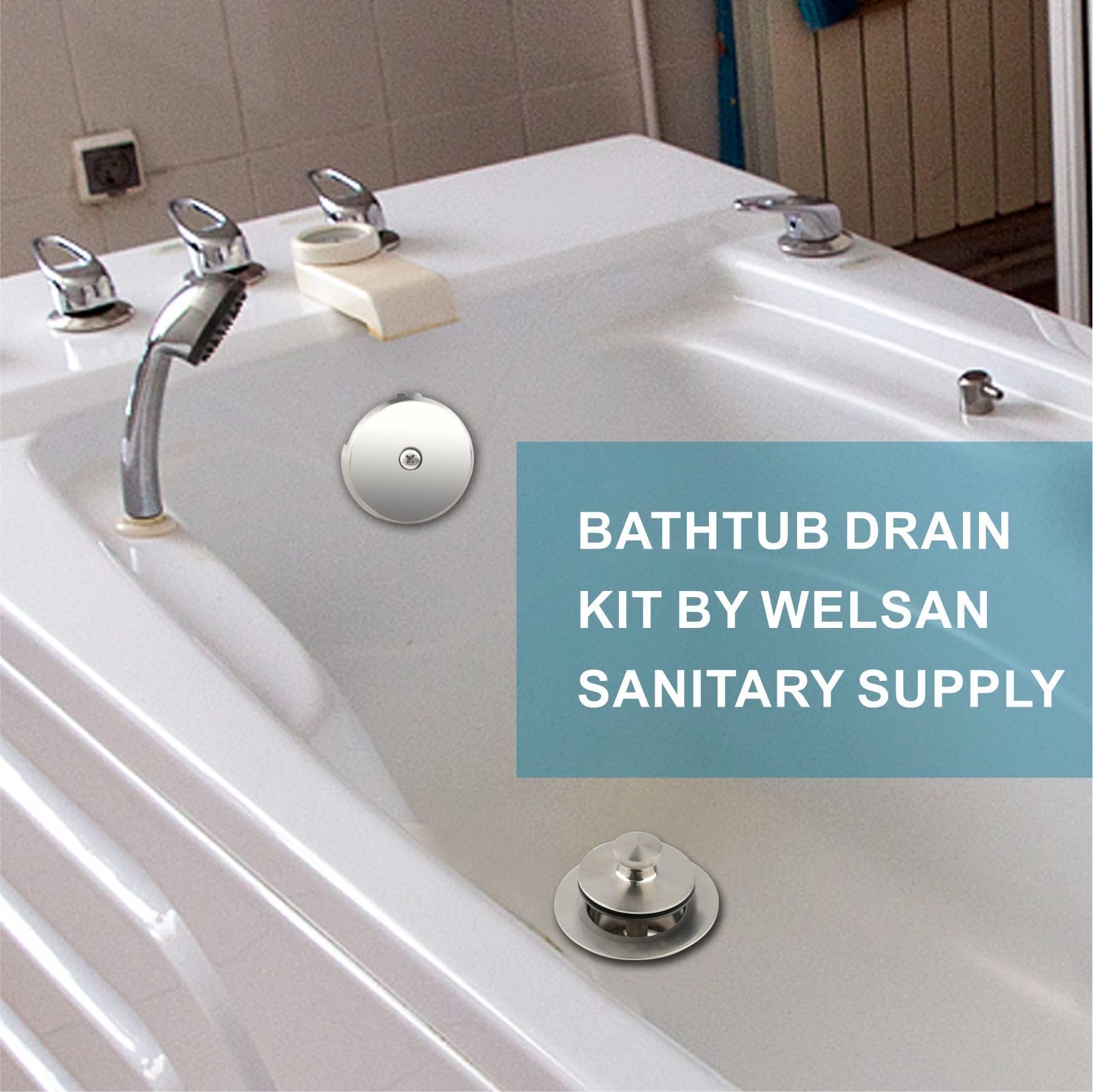 All Metal Tub Drain and Overflow Kit with Single Hole Overflow Faceplate, Welsan Universal Lift & Turn Bathtub Drain Kit with Fine/Coarse Thread Conversion Twist Trim Kit Assembly-Brushed Nickel