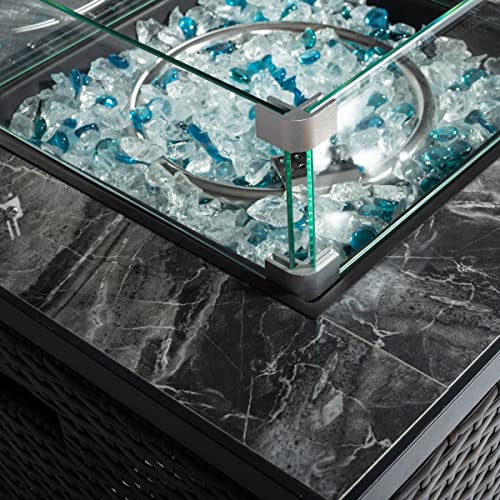 AJ Enjoy 24in Outdoor Propane Gas Fire Pit Table, 40,000 BTU Auto-Ignition Gas Firepit with Glass Wind Guard, Marble Tile Tabletop, Mixed Color Glass Rocks, Brown PE Rattan
