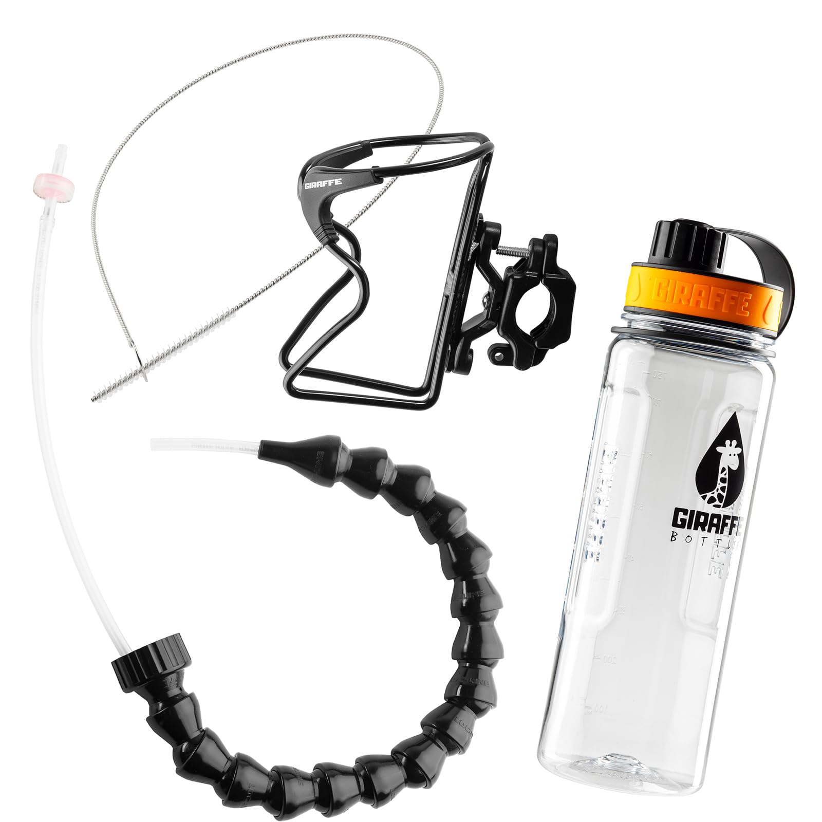 Giraffe Bottle Tower Hands Free Drinking System, Clear Tritan Bottle, with Round Tube Mounted Bottle Holder (length 25 in / 63 cm)