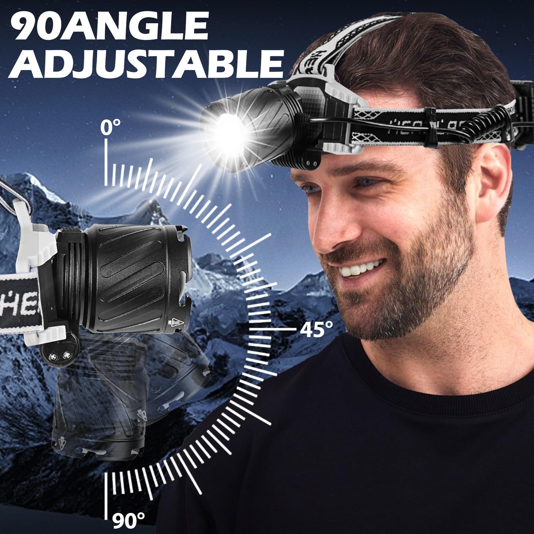 Aikertec Headlamp Rechargeable, 150000 Lumen Super Bright Headlamp Flashlight,4 Modes, 60H Battery Powered, Zoom, Waterproof Head Lamp, Red Blue Hardhat Headlamp for Camping Running Hunting