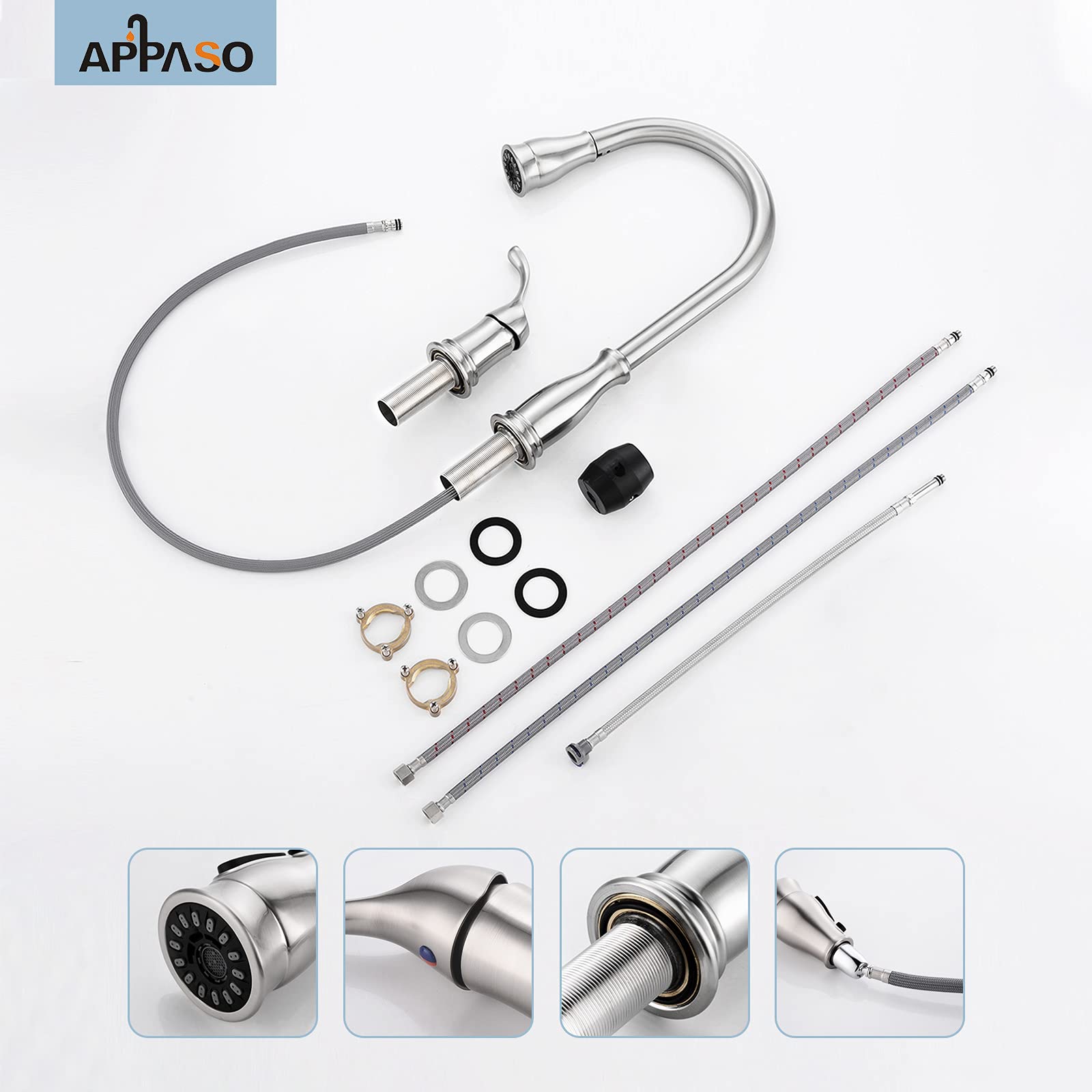 APPASO 2 Hole Kitchen Faucet with Pull Down Sprayer, Stainless Steel Brushed Nickel Commercial Kitchen Sink Faucet with Side Single Handle, APS278BN