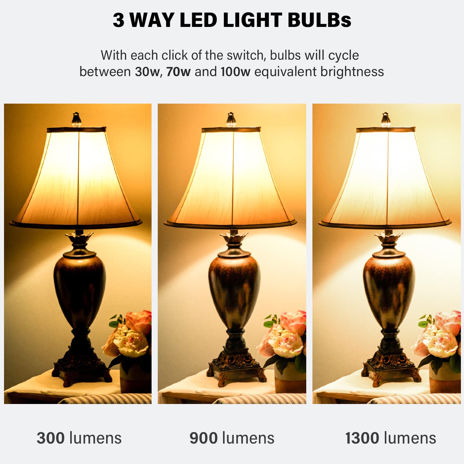 Maelsrlg 3-Way Light Bulbs, 30 70 100 Watt Equivalent, Soft White 2700K, A19 Three Way LED Bulbs, 3W/8W/10W, E26 Medium Base, Pack of 4