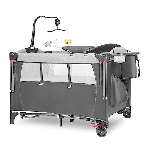 5-in-1 Pack and Play, Baby Bassinet Bedside Sleeper with U-Shaped Diaper Changer, Portable Baby Playard for Newborn Toddlers, Baby Crib with 4 Adjustable Height, Carry Bag, Easy to Install