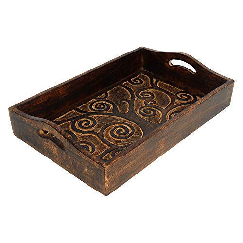 Ajuny Indian Handcrafted Rectangular Mango Wooden Decorative Serving Tray Platters with Handle Hand Carved Tree of Life Design