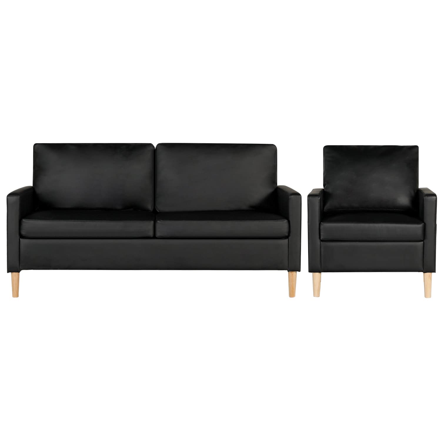 AILEEKISS Mid-Century Sectional Sofa Set for Living Room Faux Leather Office 2 Pcs Couch Set with Armrest Modern Upholstered Loveseat Couches (1-Seater+2-Seater, Black)