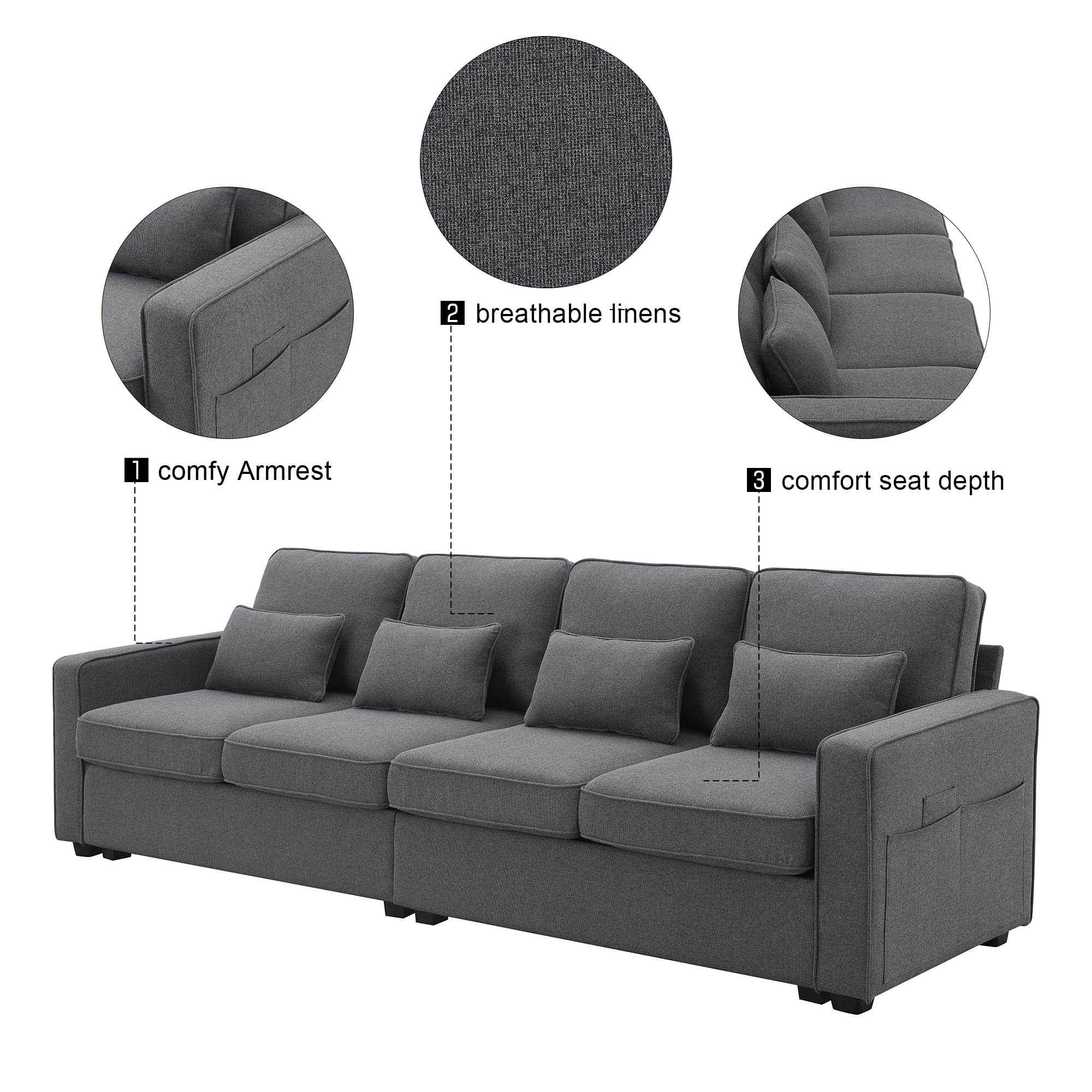 P PURLOVE 4-Seater Modern Sectional Sofa, 104" Modular Fabric Long Sofa Couch with Armrest Pockets and 4 Pillows,Minimalist Living Room Sofa Couch for Apartment,Office
