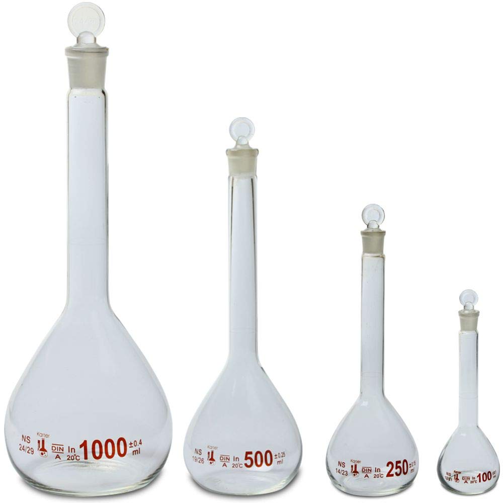 Volumetric Flask Set - 4 Sizes - 100, 250, 500, and 1000ml, 3.3 Boro Glass, Class A, Ground Stopper, Karter Scientific 213W18