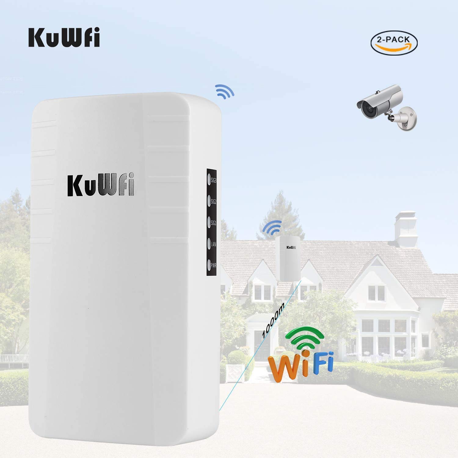 KuWFi Wireless WiFi Bridge Outdoor CPE Kit Point to Point 2.4G 300Mbps Waterproof Long Range WiFi Extender with Ethernet Port