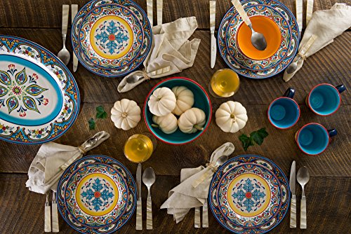 Euro Ceramica Zanzibar Collection 16 Piece Dinnerware Set Kitchen and Dining, Service for 4, Spanish Floral Design, Multicolor, Blue and Yellow