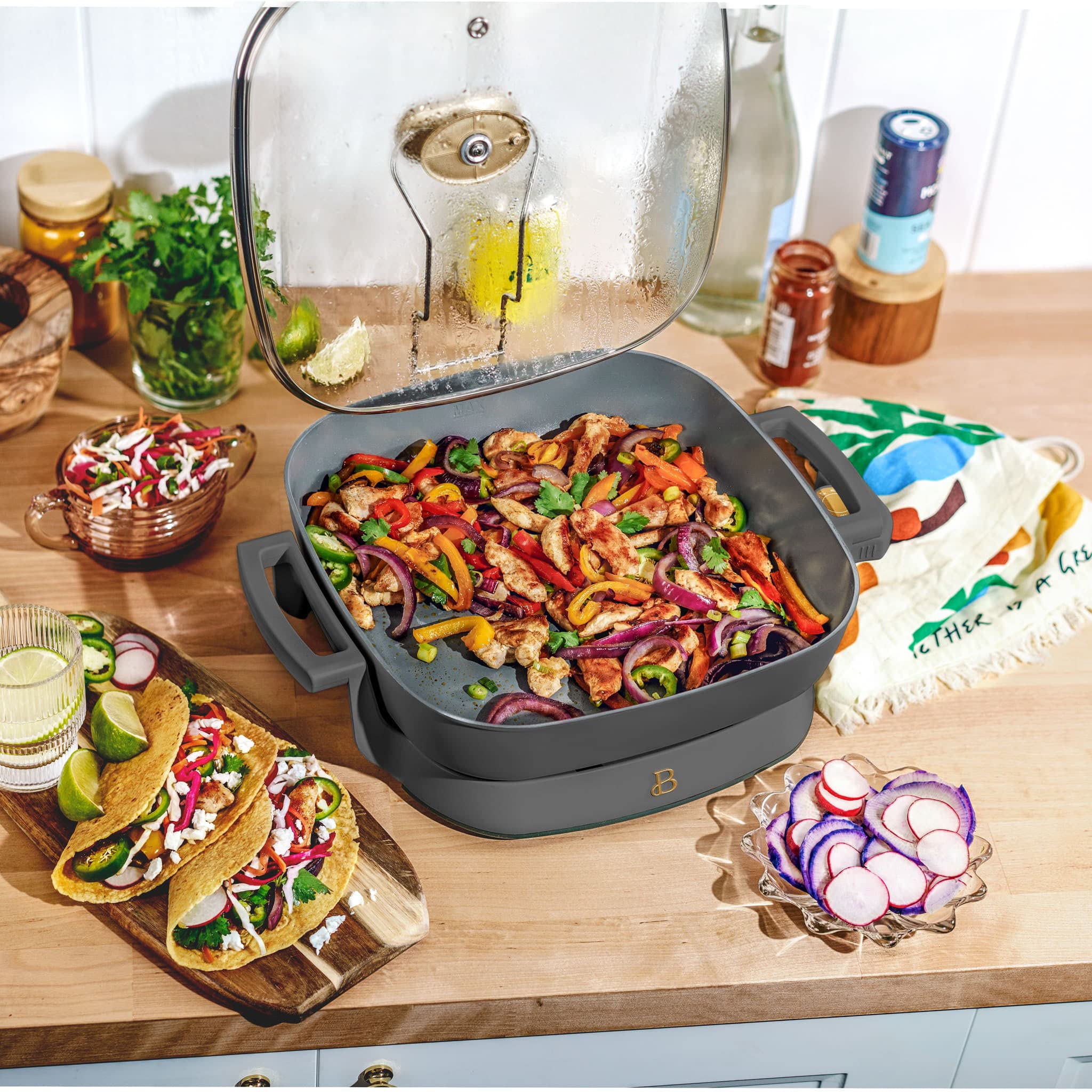 5-in-1 Electric Expandable Skillet, Oyster Grey by Drew Barrymore, Up to 7 QT