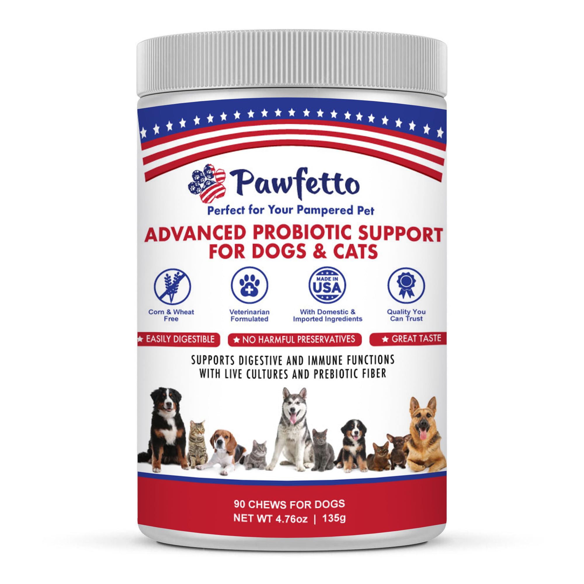 Pawfetto Advanced Probiotic Support for Dogs & Cats. Combination of Prebiotics & Probiotics Easily Digestible, Great Duck Flavour That Your Pets Will Love. Perfect for Your Pampered Pet (90 Chews)