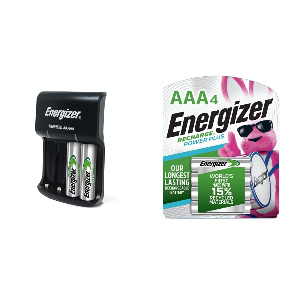 Energizer Recharge Basic Charger with 2 AA NiMH Rechargeable Batteries LED Indicator & Rechargeable AAA Batteries, Recharge Power Plus, NiMH, 800 mAh Combo Pack, 6 count