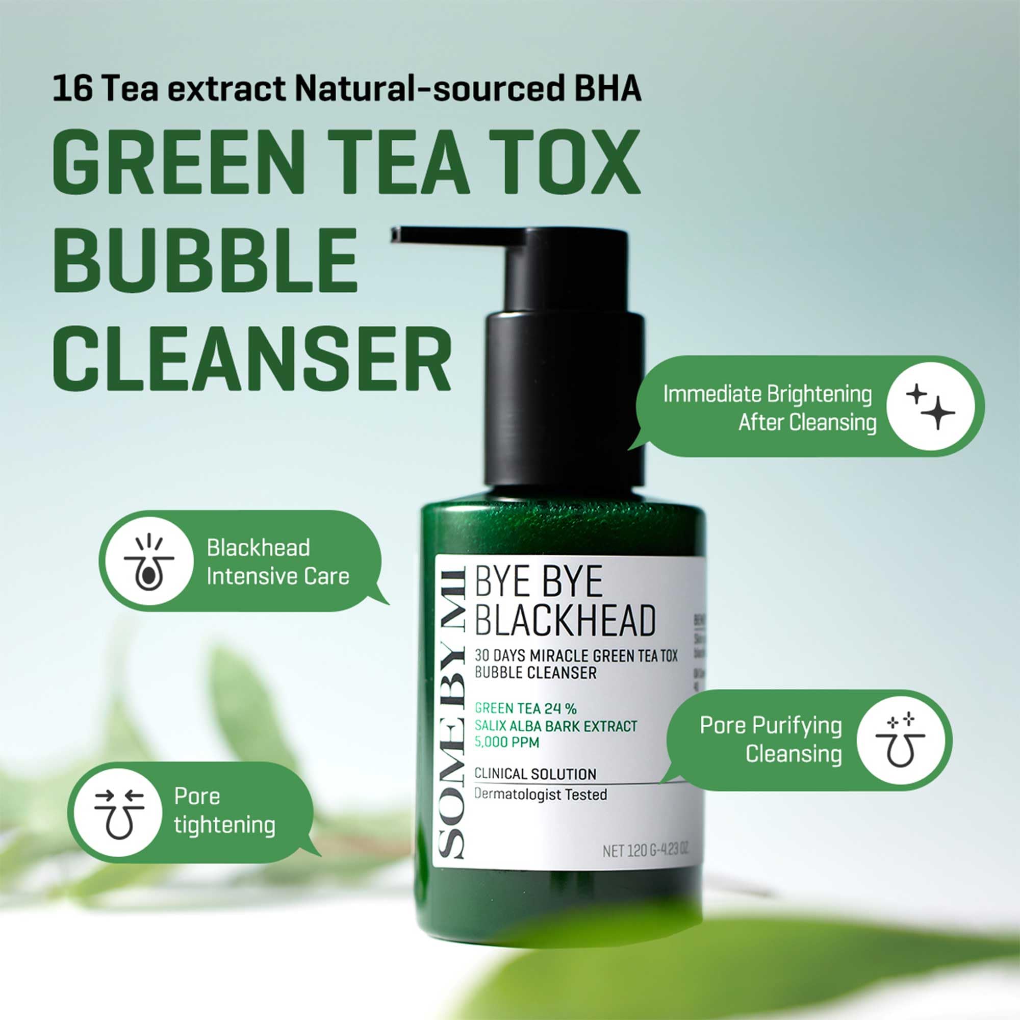 SOME BY MI Bye Bye Blackhead 30 Days Miracle Green Tea Tox Bubble Cleanser - 4.23 Oz, 120g - Korean Face Wash for Removing Blackhead - Daily Pore Minimizer for Face Skin Texture - Korean Skin Care