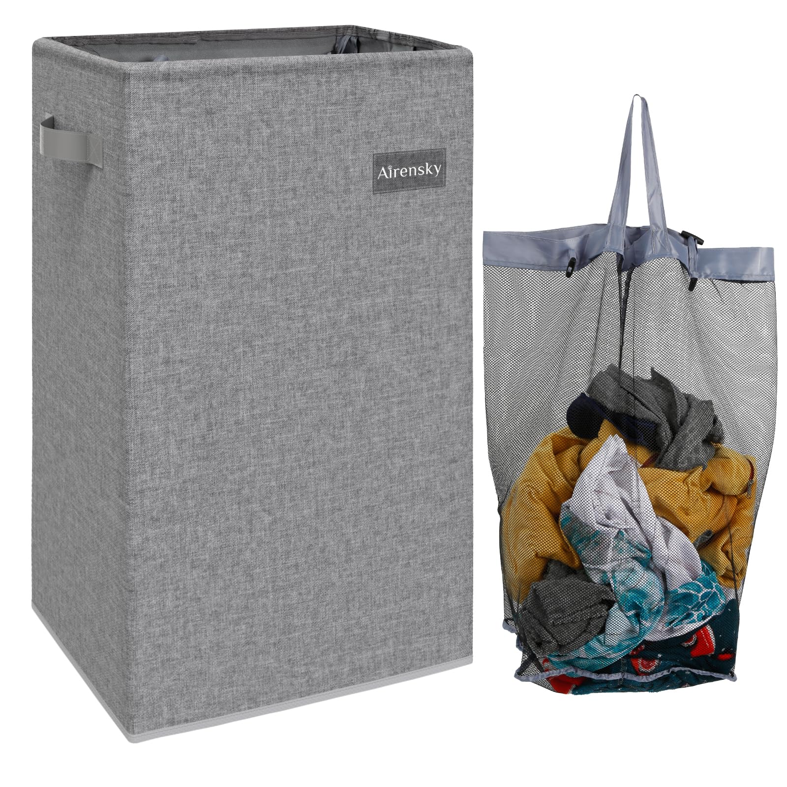 Airensky Double Laundry Hamper Collapsible Laundry Basket，145L Clothes Hamper 2 Section with Bag Removable for Clothes and Toys Storage, Dirty Hampers for Bedroom, Bathroom, Dorm，Gray