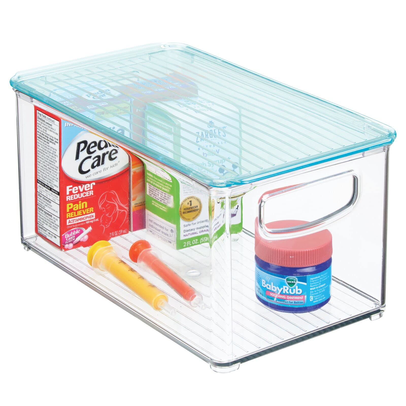 mDesign Plastic Baby Storage Bin Box Organizer Container with Lid/Handles for Organizing Playroom, Nursery, Dresser - Holds Diapers, Baby Clothes, Wipes, Toys, Ligne Collection, 2 Pack, Clear/Blue