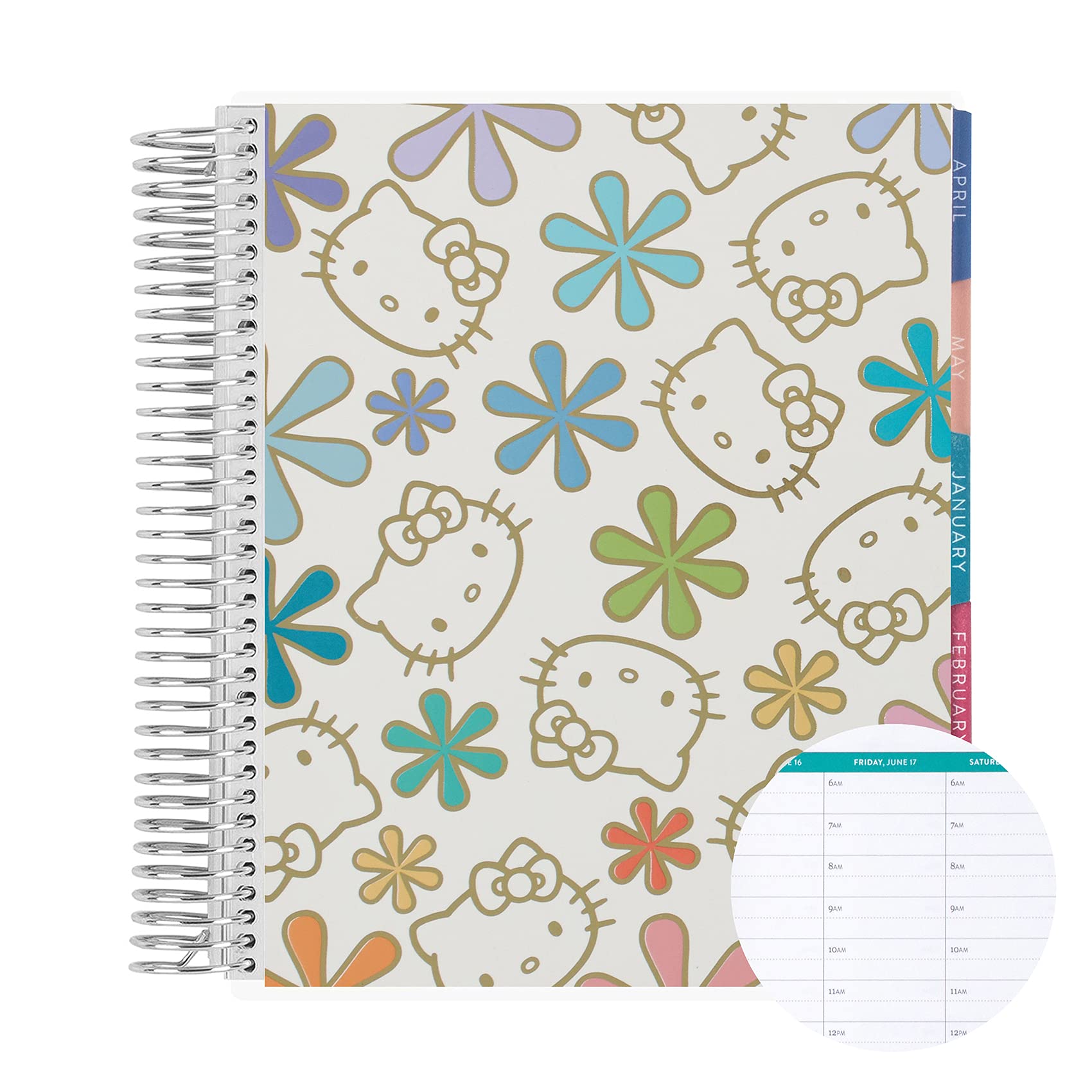 7” x 9” 12 Month Spiral Bound Life Planner ( Jan 2022 – Dec 2022 ) – Hello Kitty Metallic Asterisks Cover + Mid Century Circles Interior Pages. Hourly Weekly and Monthly Agenda by Erin Condren.