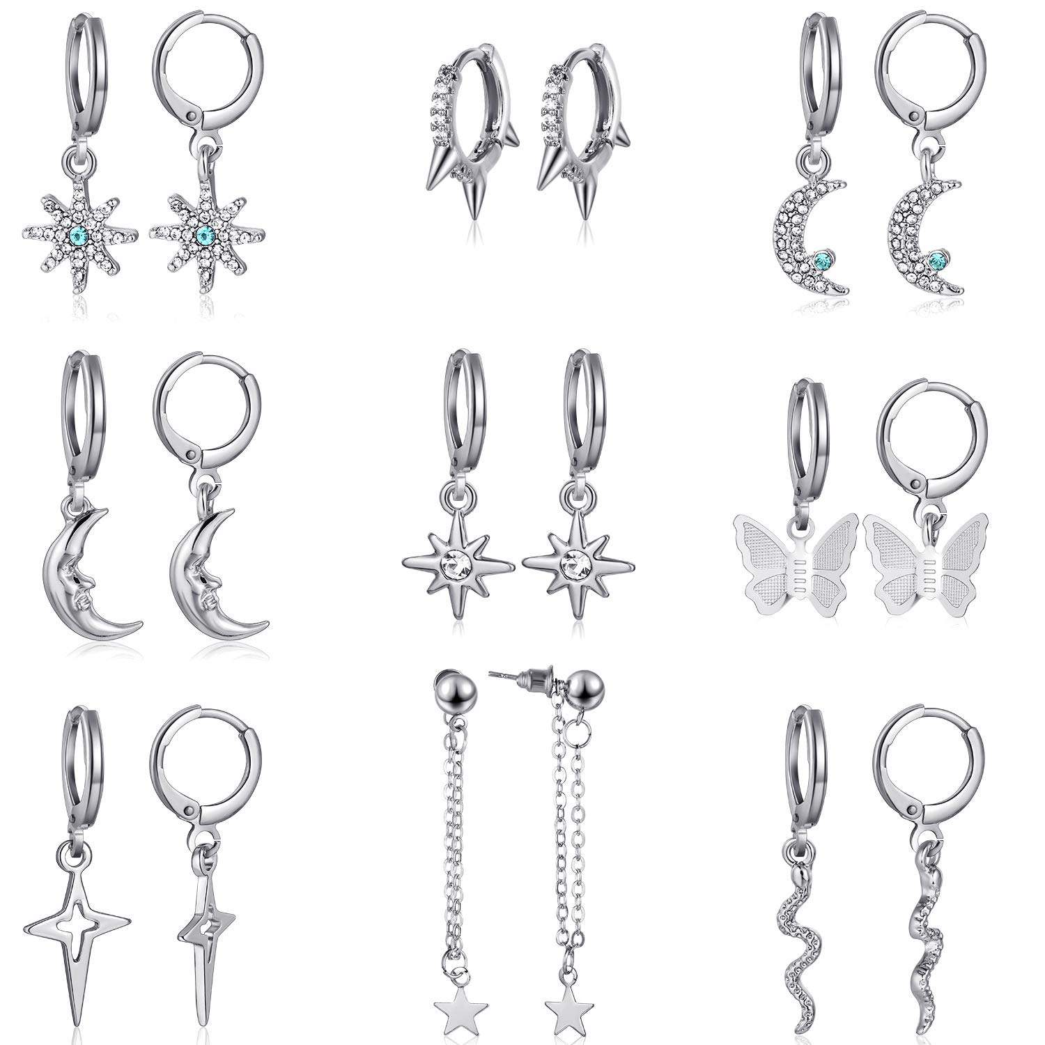 9 Pairs Small Hoop Earring with Charms Huggie Hoop Dangle Earrings Drop Pendant Hoop Earrings for Women (Silver)