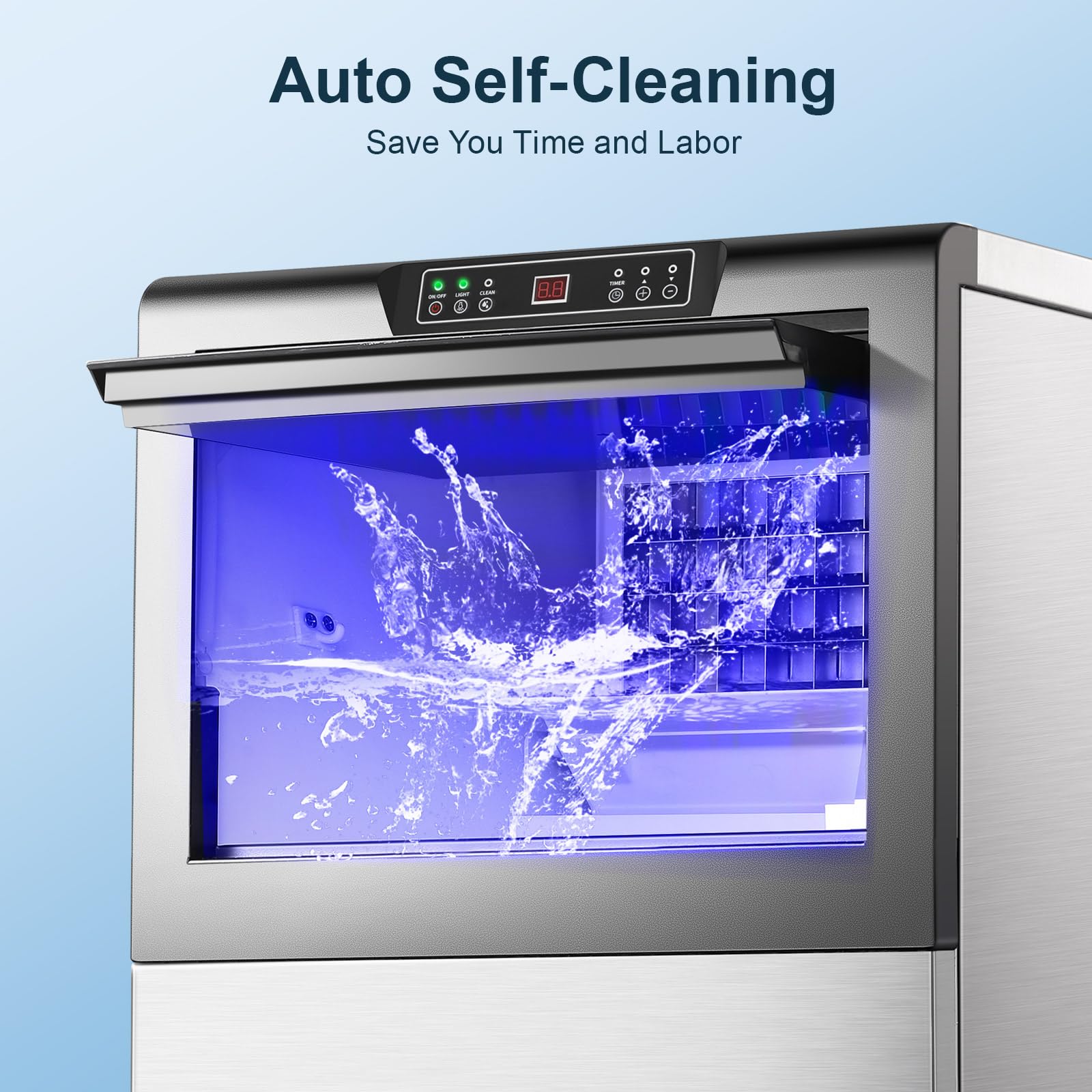 Amzgachfktch Commercial Ice Maker, 100lbs/24H Ice Maker Machine, Auto Self-Cleaning, LED Digital Display, Blue Light, Under Counter/Freestanding Ice Machine for Home/Office/Restaurant/Bar