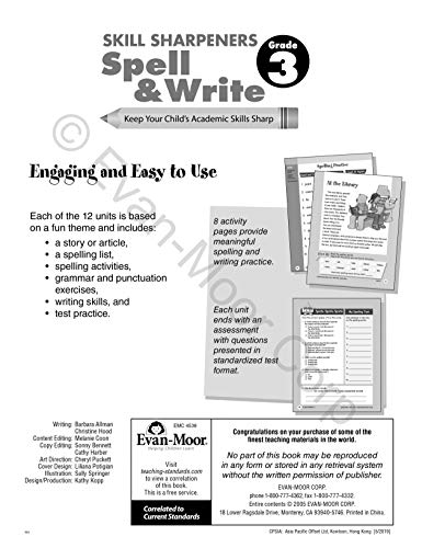Evan-Moor Skill Sharpeners Spell and Write Workbook, Grade 3, 120 Spelling Words, Test Prep, Word Families, Short Vowels, Grammar, Punctuation, Creative Writing, Vocabulary, Activities, Homeschool