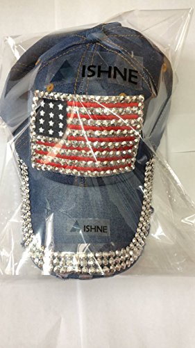 AISHNE Women American Flag Rhinestone Jeans Denim Baseball Adjustable Hat Blue