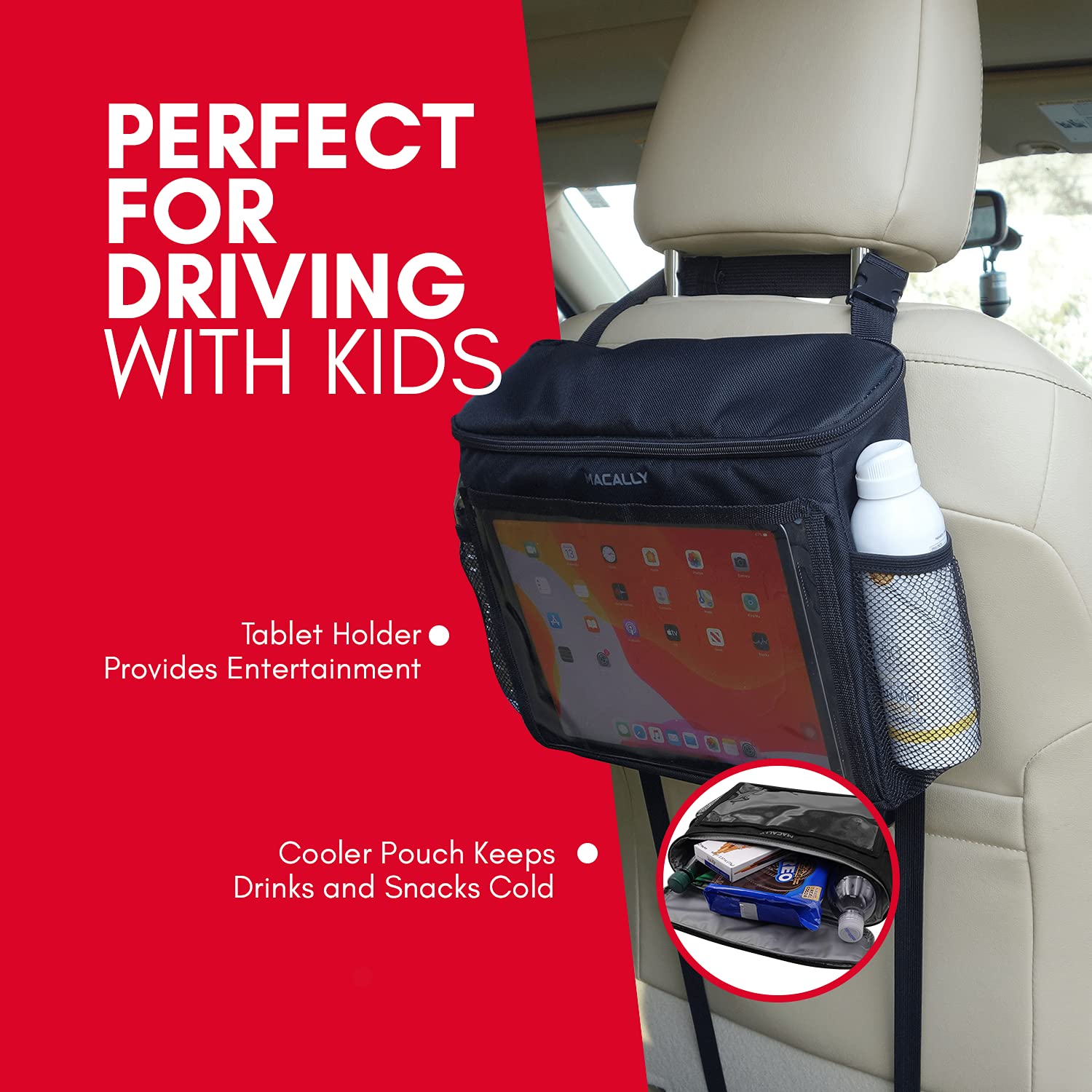 Macally Tablet Holder for Car Back Seat - A Must Have Organizer and Rear Facing Backseat iPad Holder for Kids on Long Drives - Hanger Case Compatible with Any Vehicle Headrest and Tablets up to 10.5”