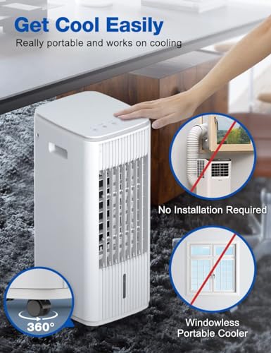 Evaporative Air Cooler, 3-IN-1 Windowless Portable Air Conditioner with Natural/Cooling/Humidifier & 3-Speed, 70° Oscillation & 7 Timer Remote Control, Swamp Cooler w/4 Ice Packs for Home & Kitchen