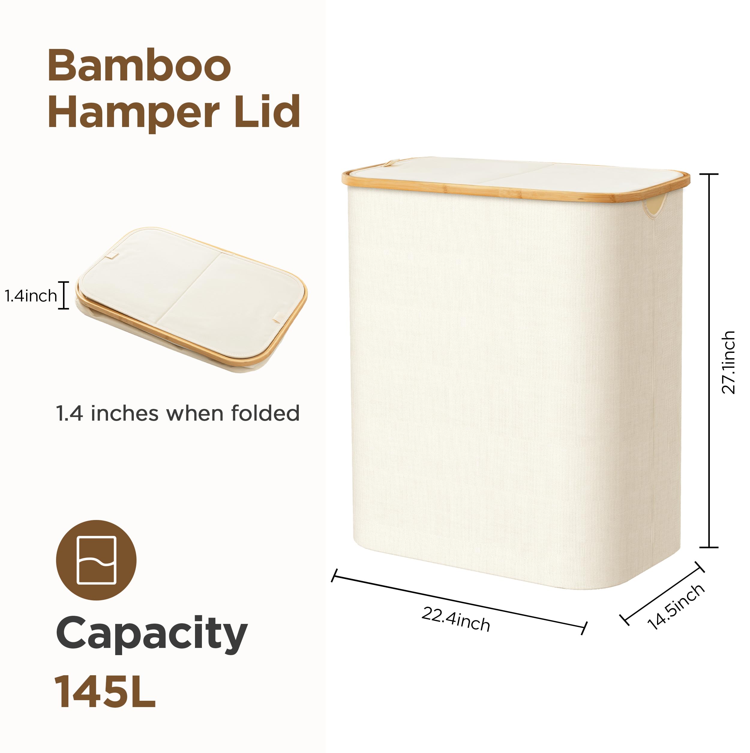 Double Laundry Hamper with Lid and Removable Laundry Bags,145L Large Laundry Hamper 2 Section Collapsible Dirty Clothes Hamper for Laundry Room,College Dorm,Bathroom Beige