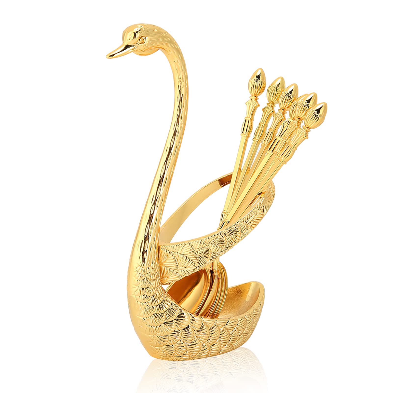 Agatige Gold Coffee Spoon for Coffee Bar, 6pcs 5in Long Coffee Stir Spoon Crown Handle Dessert Spoons Gold Tea Spoons Espresso Spoons with Decorative Swan Base Holder (Gold)