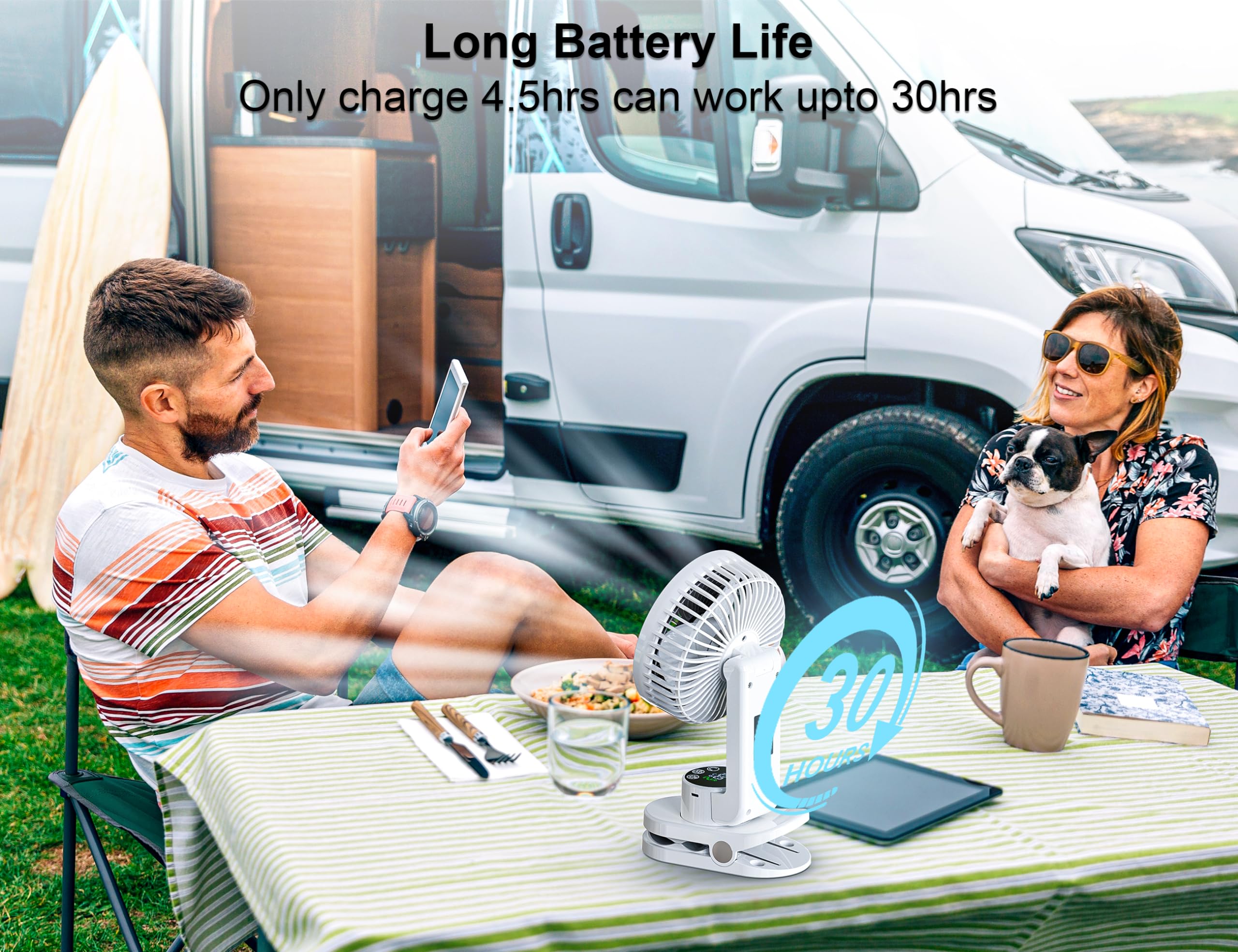AddAcc Small Desk Fan, Rechargeable Clip On Fan with Atmosphere Light & Hook, Battery Operated Table Fan, Ultra Quiet, 9 Speed Auto Oscillation Desktop Fan for Bedroom Office Home Travel Camping