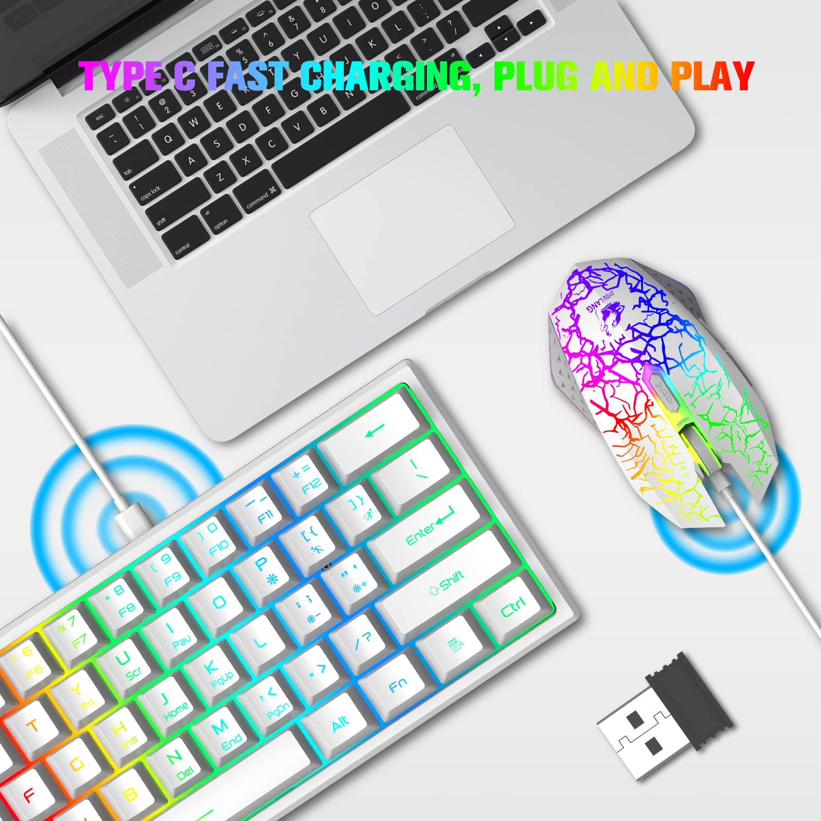 A.JAZZ Wireless Gaming Keyboard and Mouse Combo with 61 Key TKL Rainbow LED Backlight Rechargeable 4000mAh Battery Mechanical Feel Anti-ghosting Ergonomic Waterproof RGB Mute Mice for Win/Mac (White)