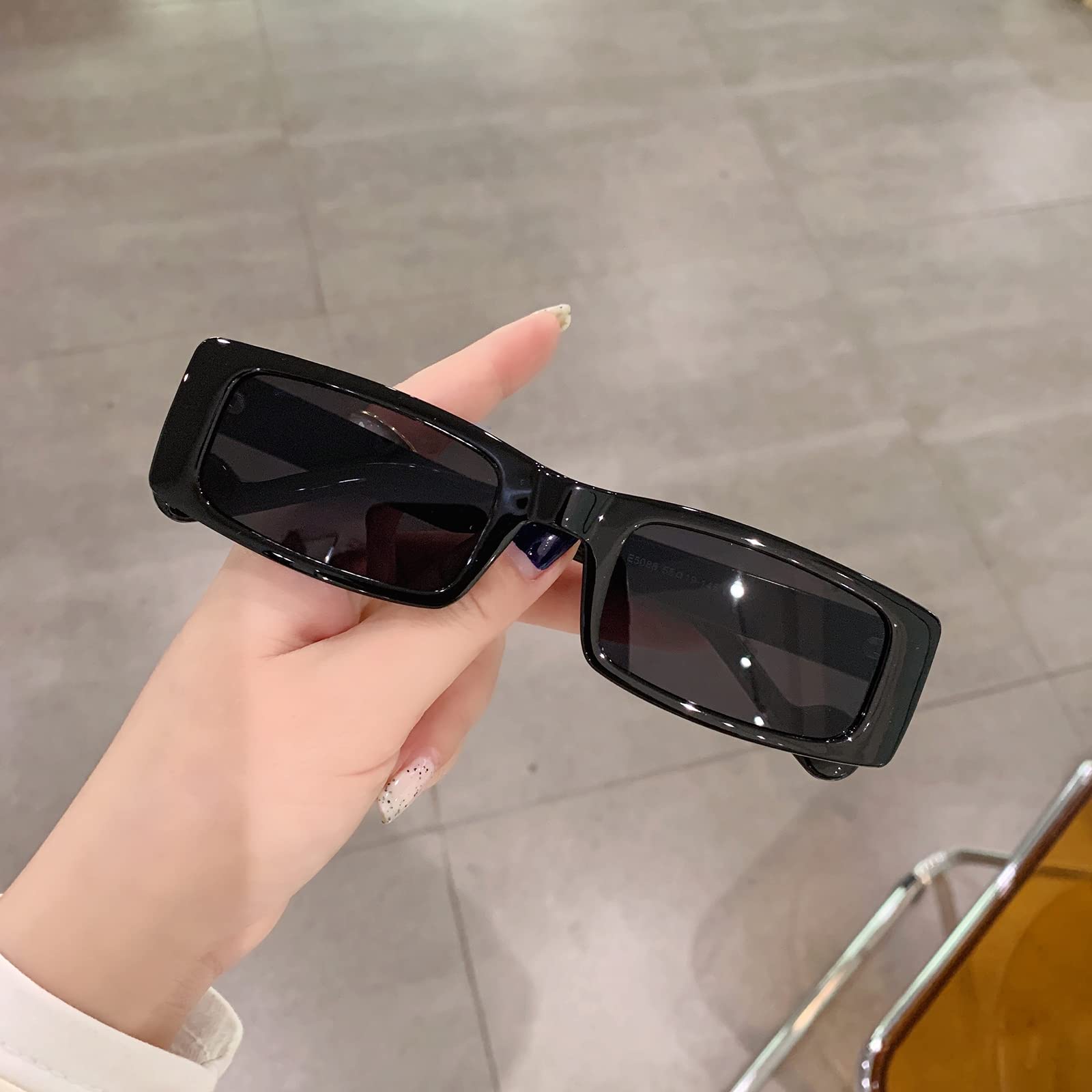 AIEYEZO Narrow Rectangle Sunglasses for Women Men Small Square Frame Sun Glasses 90s Retro Style Shades (Black/Grey)