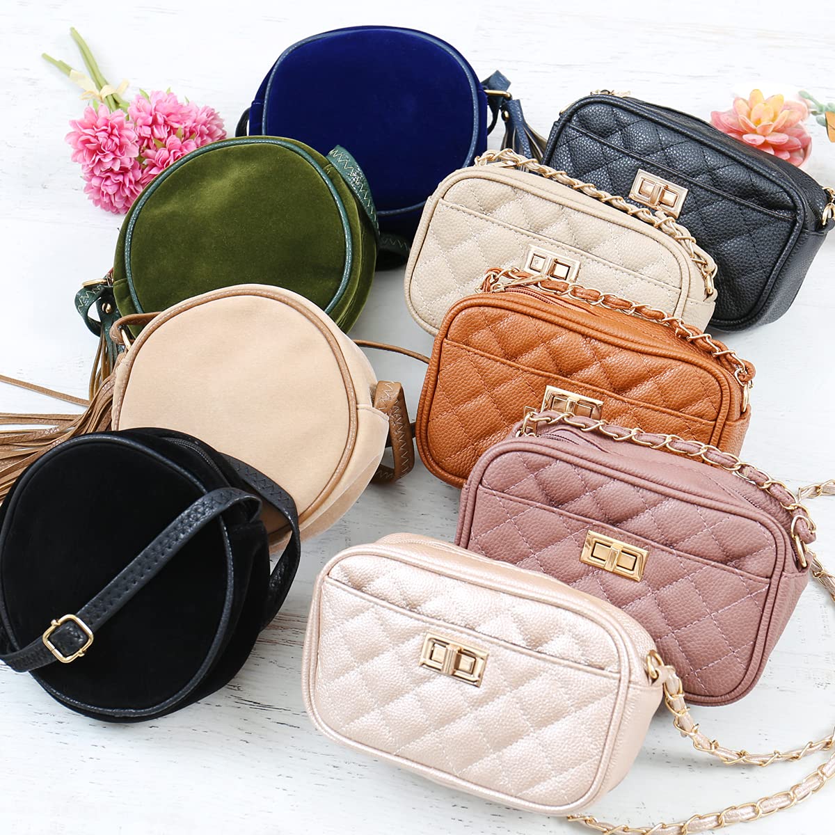 Classic Vegan Leather Small Crossbody Handbag - Rectangle Camera Travel Purse Satchel Shoulder, Round Messenger Bag (Camera Chain Crossbody - Quilted Rose Gold)