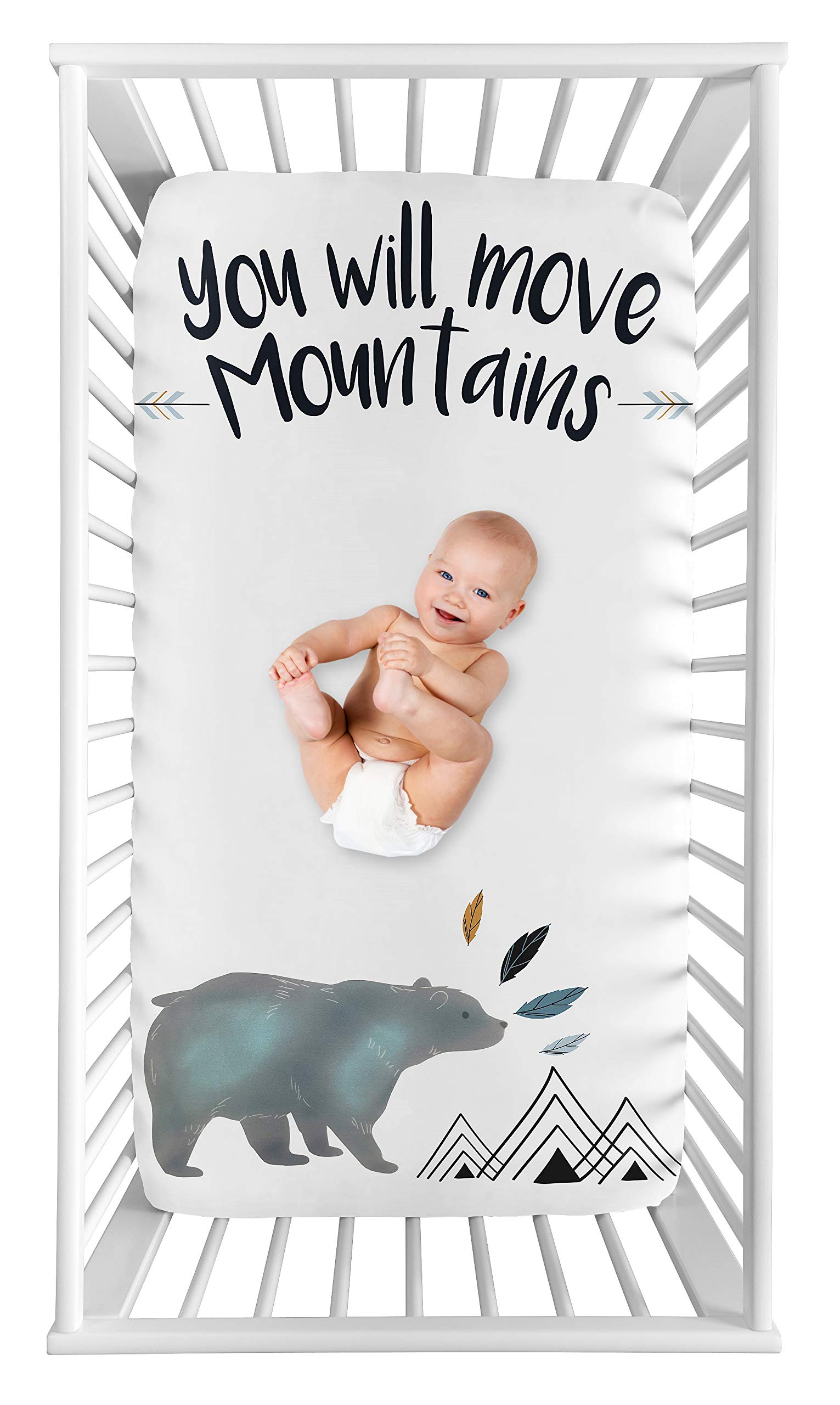 Sweet Jojo Designs Bear Mountain Boy Fitted Crib Sheet Baby or Toddler Bed Nursery Photo Op - Slate Blue and Black Watercolor You Will Move Mountains