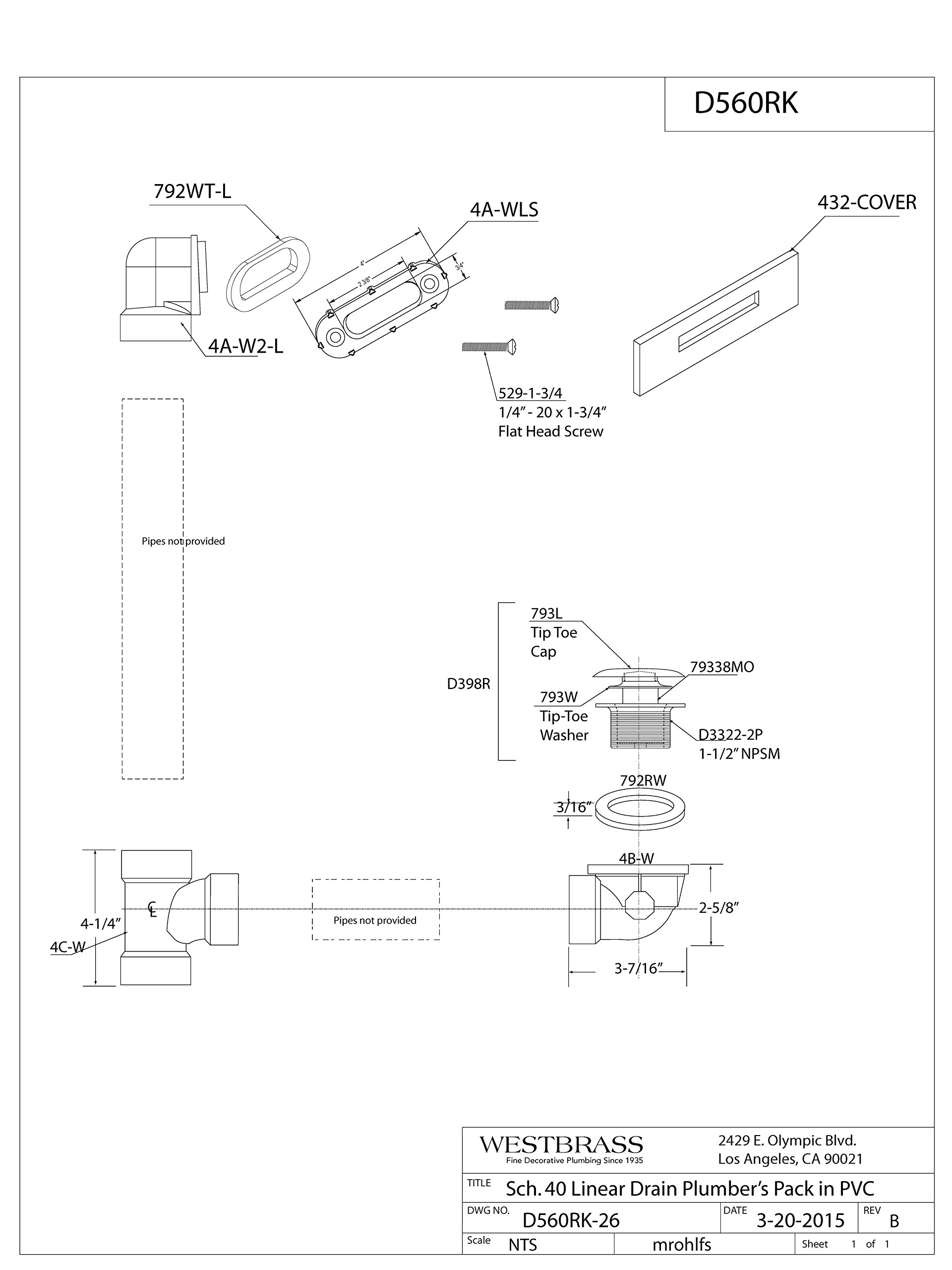 Westbrass D560RK-5-12 SCH. 40 PVC 1-1/2" Course Thread Plumber's Pack Tip-Toe Bathtub Drain Plug with Linear Overflow Faceplate, Tee & Elbows, Oil Rubbed Bronze (5-Pack)