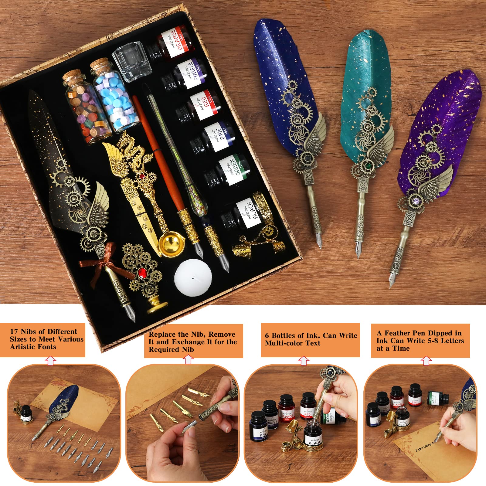 Aifeiter Quill Pen and Ink Wax Seal Stamp Set,Quill Pen ink Set Includes Feather Dip Pen,Ink,5 Replacement Nibs,3 Wax Seal Sticks,Pen Nib Base,Seal Stamp-White