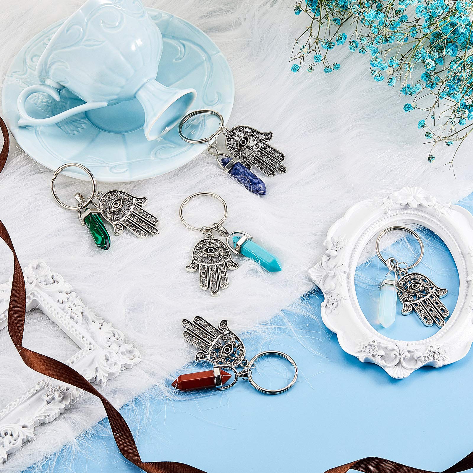 9 Pieces Crystal Keychain Hamsa Charm Hamsa Hand Keychain Ring Lucky Hamsa Evil Eye Keychain with Healing Stone for Women Girls Protection
