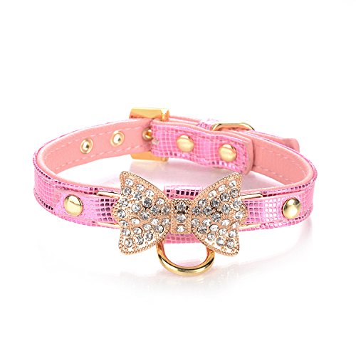 LOVPE Gold Bling Diamond Giltter Leather Fashion Collar with Ring for Tags for Small Dogs,Cat,Puppy and Kitty Walking Travel Party Gifts Tedd, Poodle Dog,Bulldog and Yorkshire Terrier (S, Pink)