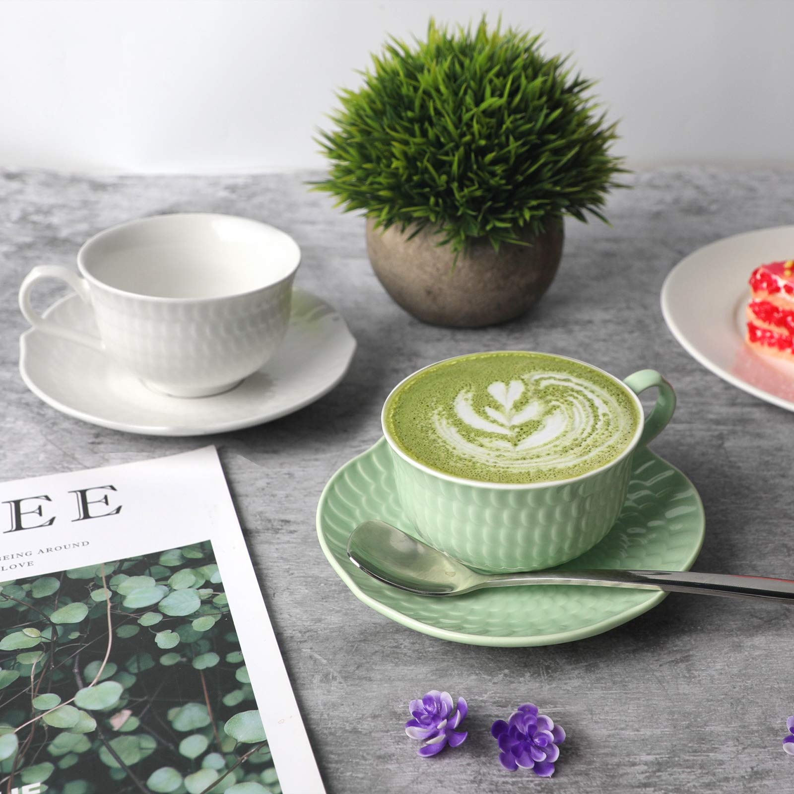 amhomel Tea Cups and Saucers Set of 6, Porcelain Espresso Cups, 4 Oz Cappuccino Cups for Specialty Coffee Drinks, Cappuccino, Cafe Mocha, Espresso and Tea-Pumpkin Design, White