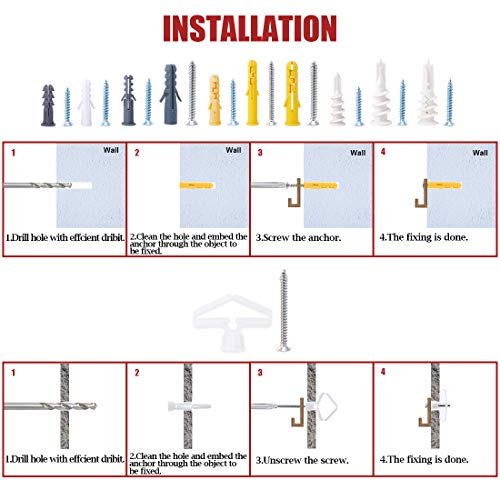 Hilitchi 212-Pcs [11-Sizes] Plastic Drywall and Hollow-Wall Anchor with Screws Assortment Kit, Wall Anchor Hooks Toggle Set
