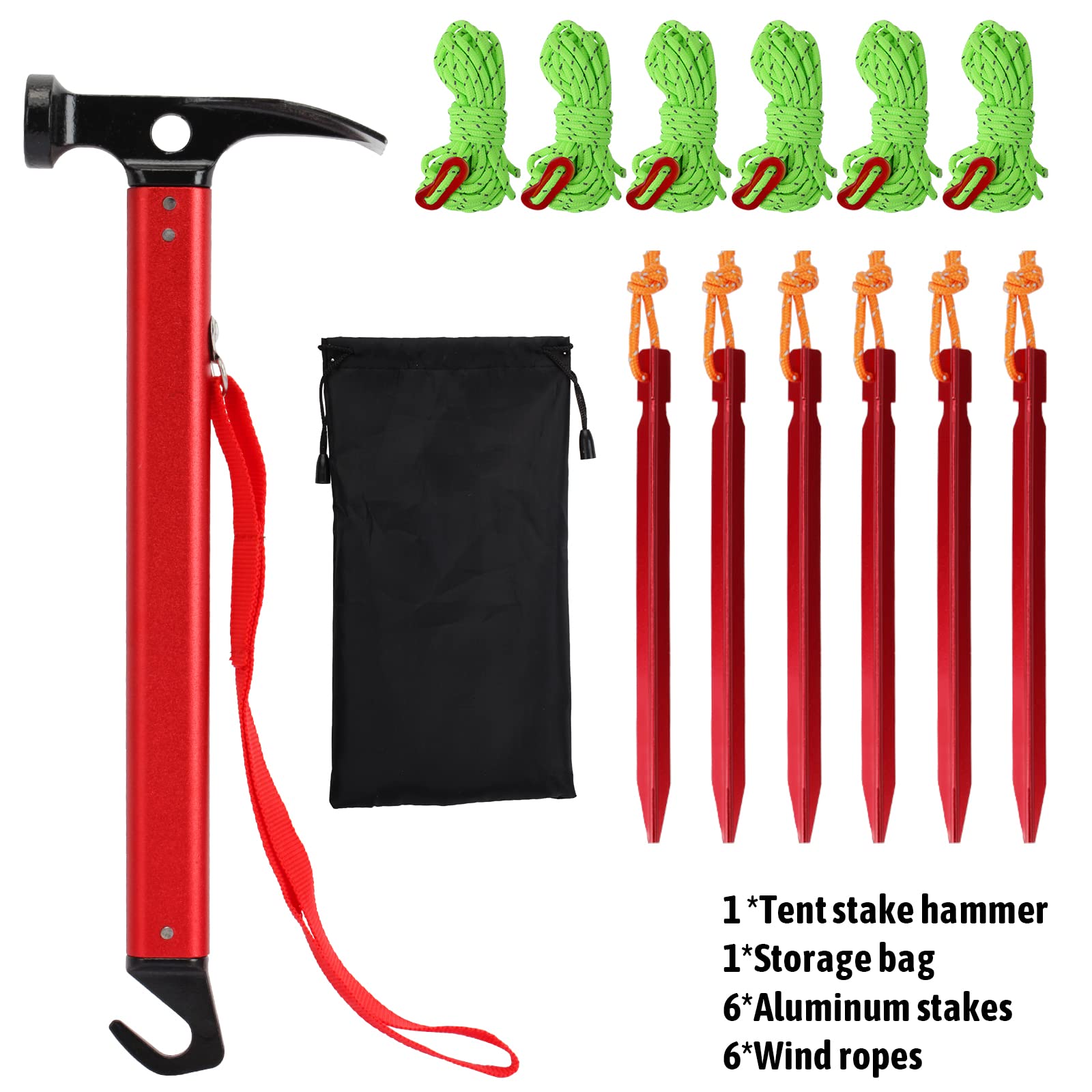 aiGear Camping hammer with Hook Lightweight Aluminum Multifunctional Tent Stake Handy Hammer with Wind Ropes for Hiking Backpacking Gardening Color Red(CH11)