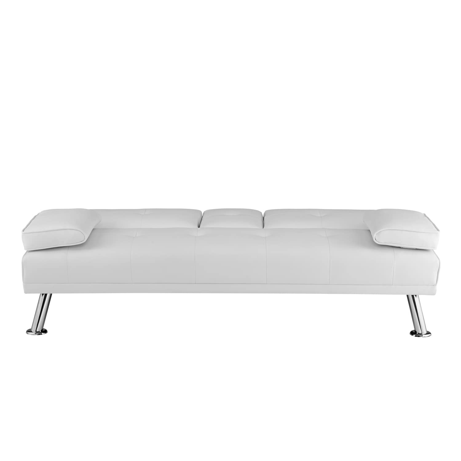 Naomi Home White Faux Leather Futon Sofa Bed, 3-Position Reclining Small Couch with Armrest, 2 Cupholders, 500 lbs Weight Capacity, Living Room