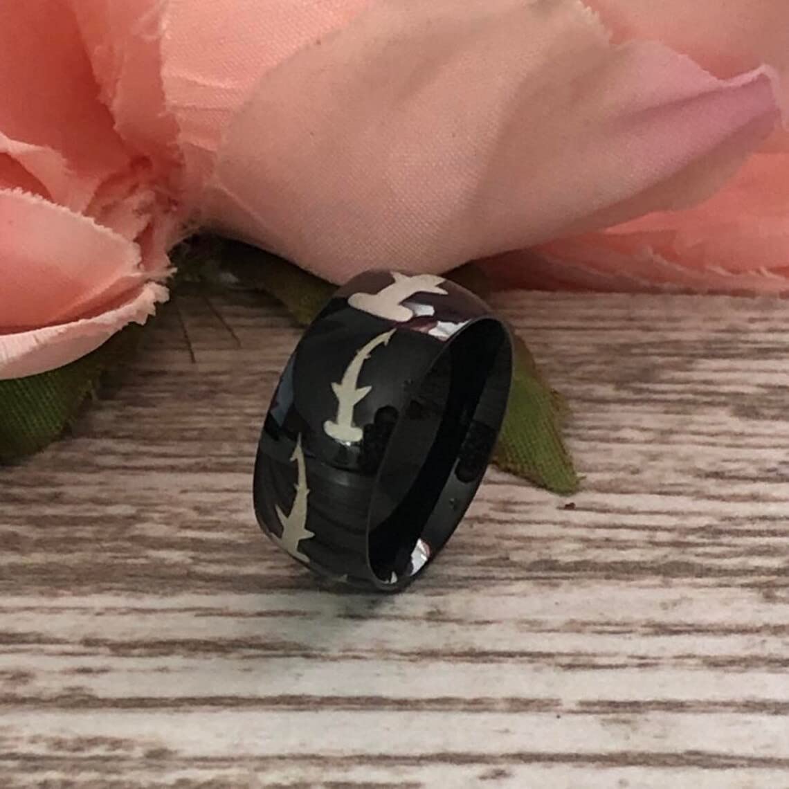 8mm Black Plated Stainless Steel Ring with Engraved Hammerhead Shark Design (7)