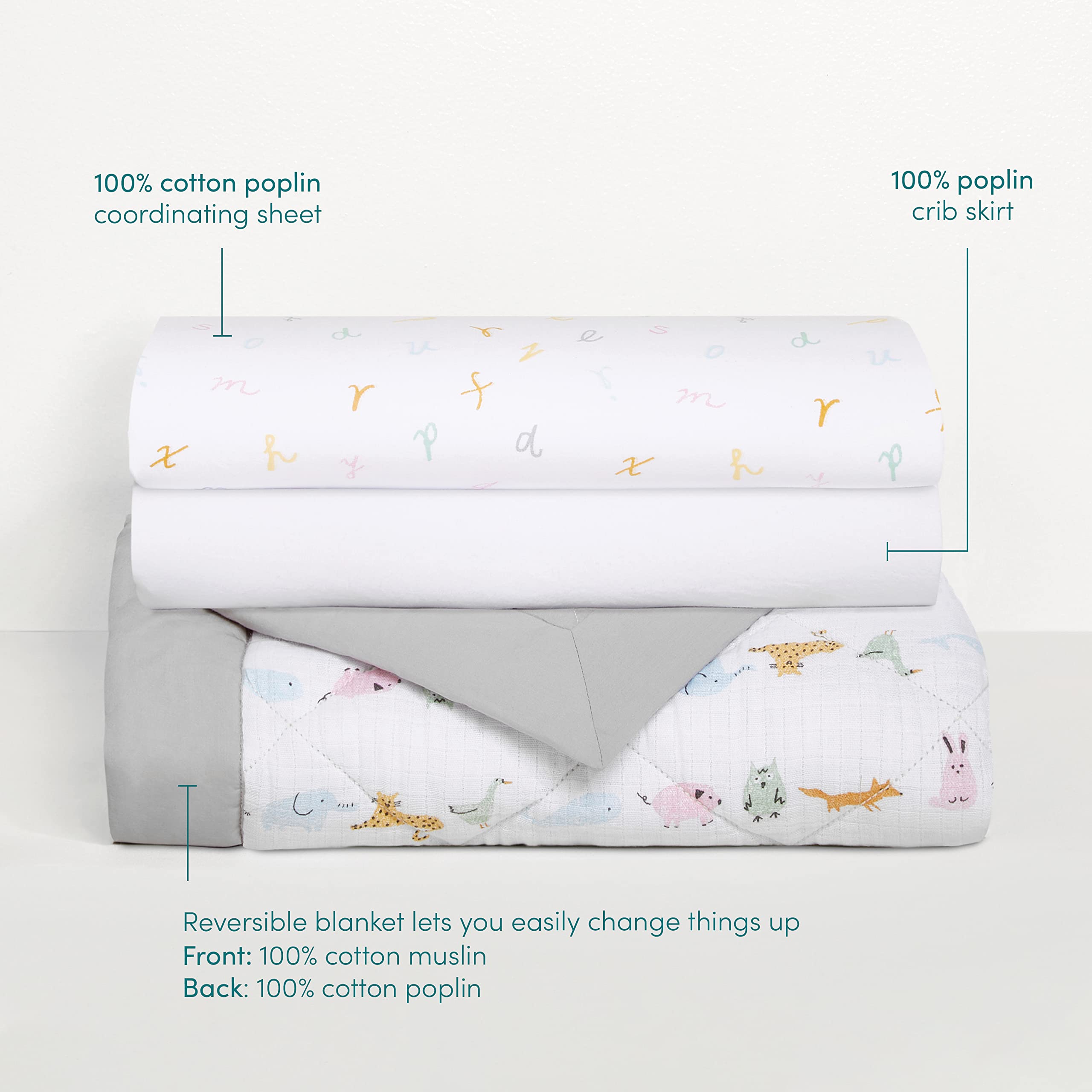 aden + anais Essentials 3-Piece Crib Bedding Set, Baby Bedding Bundle, Cotton Blanket, Crib Sheet, Crib Skirt, Alphabet Animals