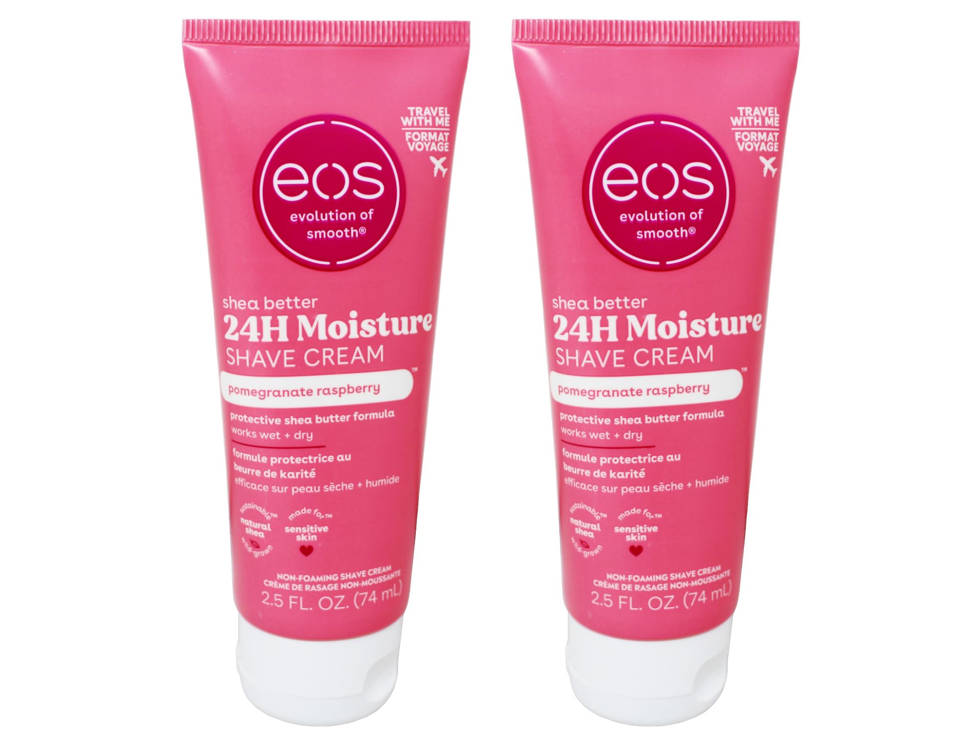 EOS Shea Better 24-Hour Moisture Non-Foaming Travel Size Shave Cream, Pomegranate Raspberry, Works Wet and Dry, Sensitive Skin, Natural Shea, 2.5 oz (Pack of 2)