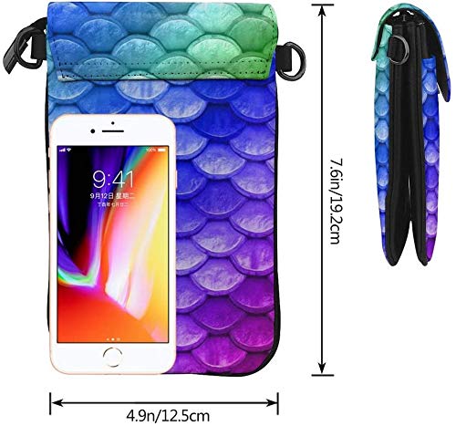 Colorful Rainbow Mermaid Scales Blue Women Soft PU Leather Cellphone Purse Wallet Handbag Small Crossbody Shoulder Bag