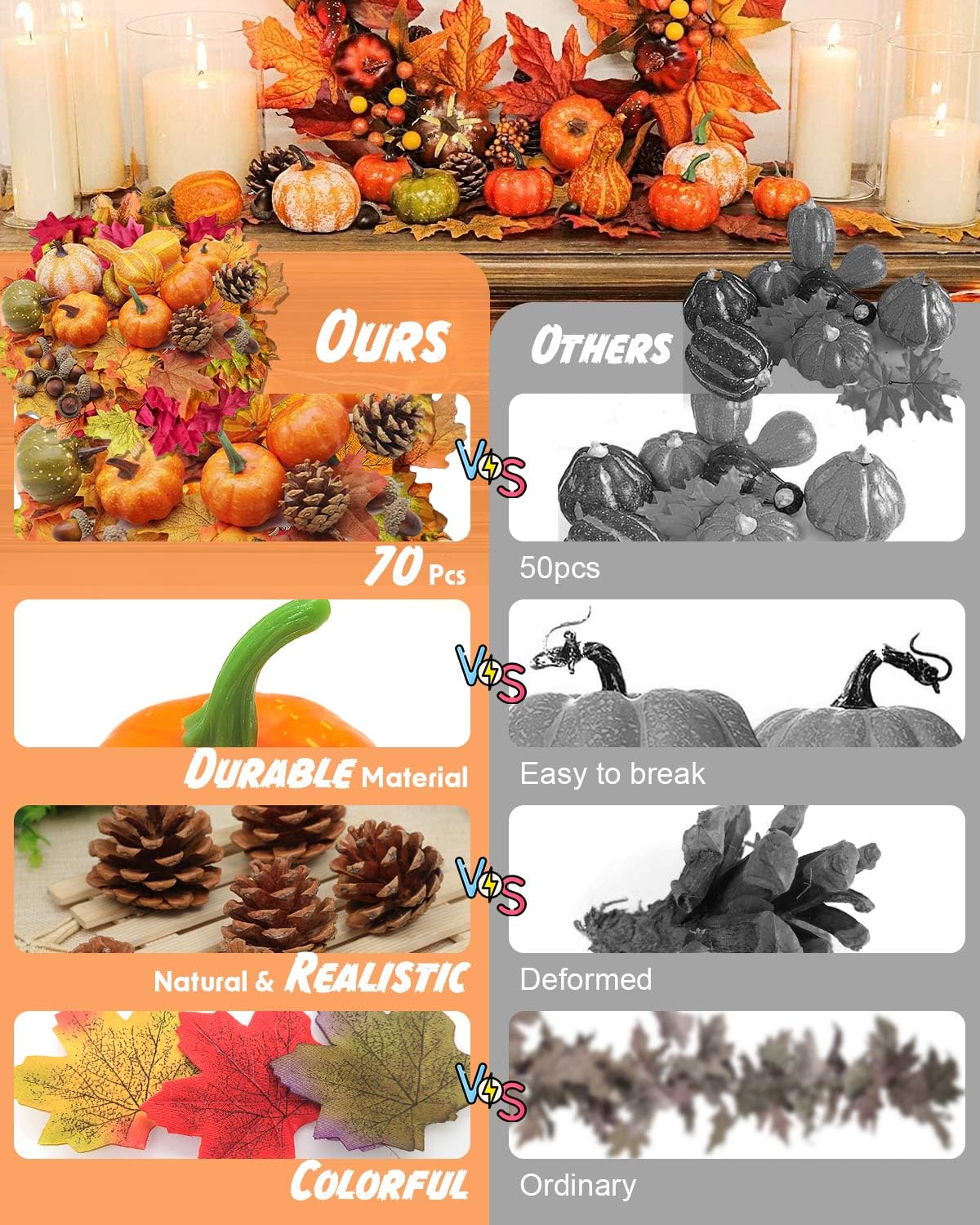 70PCS Fall Decor Artificial Pumpkins for Decorating, Foam Pumpkin Decor for Harvest Halloween Thanksgiving, Faux Pumpkin Decorations Set with 8 Fake Pumpkins+ 2 Pinecones+ 10 Pinecones+50 Fall Leaves