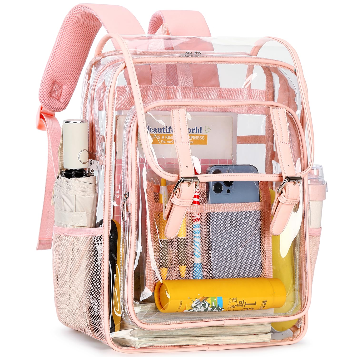 abshoo Transparent Clear Backpack Heavy Duty Backpack For School Teen Girls Women Clear Bookbag (Pink)