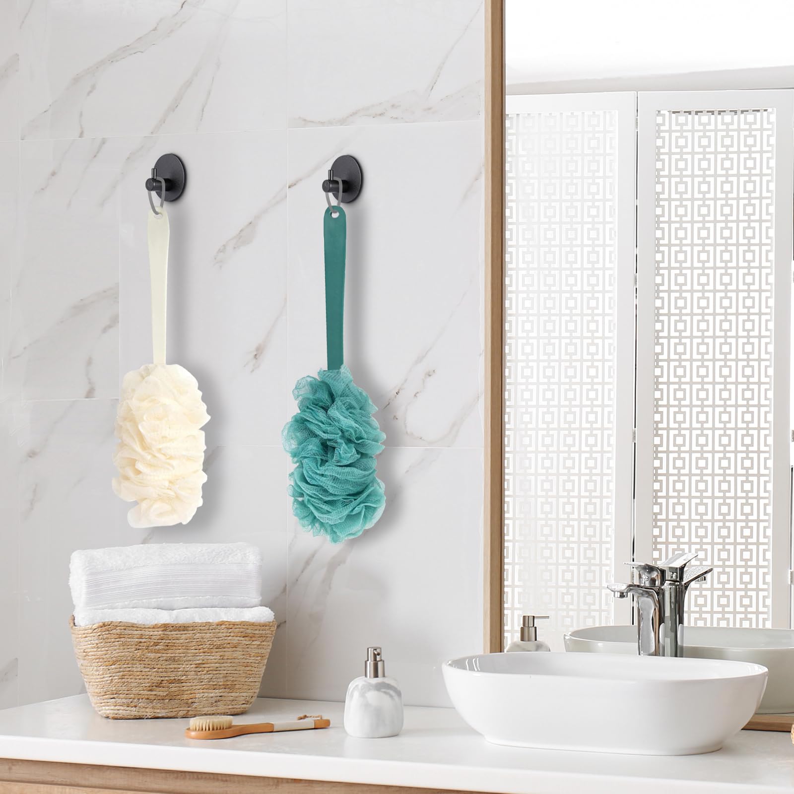 PIPUHA 2Pack Adhesive Towel Hooks, Black Matte Command Towel Hook Heavy Duty Waterproof Stainless Wall Hooks for Bathroom, Kitchen, Hotel, Pool, Coats
