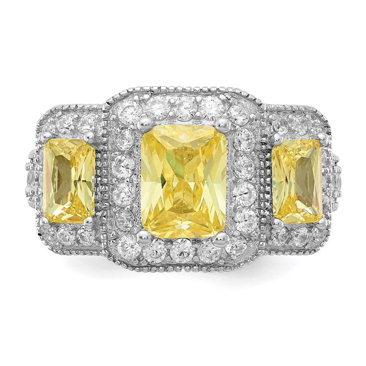 925 Sterling Silver Step Cut Radiant Cut Canary and White CZ Cubic Zirconia Simulated Diamond 3 stone Ring Size 7 Measures 13.25mm Wide Jewelry for Women