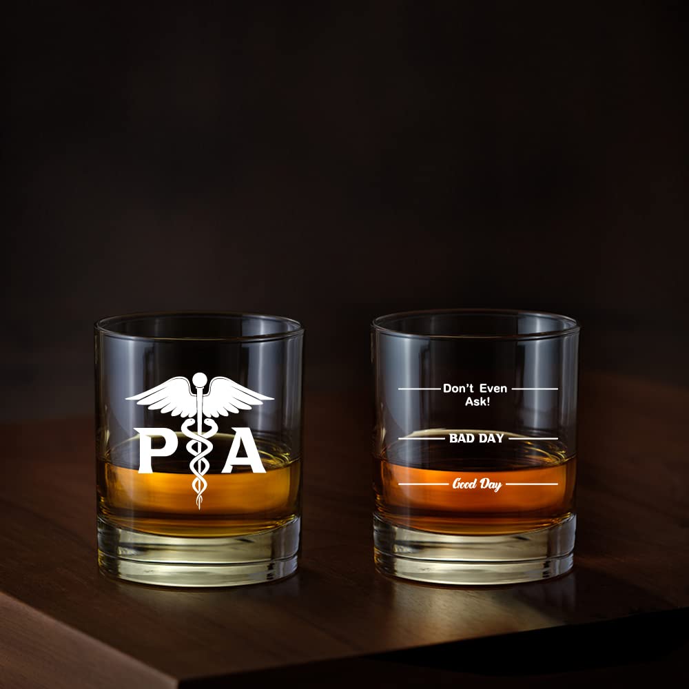 AGMdesign, Funny Double sided Good Day Bad Day Don't Even Ask PA Physician Assistant Whiskey Glasses Gift for Physician Assistant, Graduation Gift